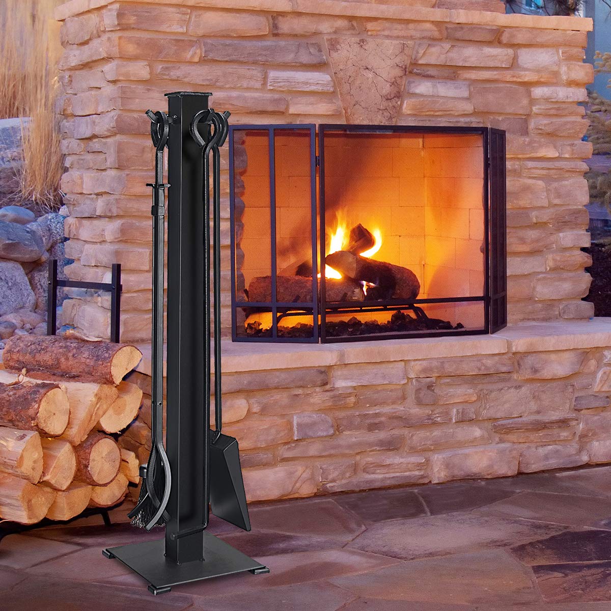 Tangkula 5 Pieces Fireplace Tools, Modern Contemporary Chimney Fireplaces Hearth Accessories,Includes Wrought Iron Tong Poker Base Shovel Brush, Indoor Outdoor Tools for Fireplace Black