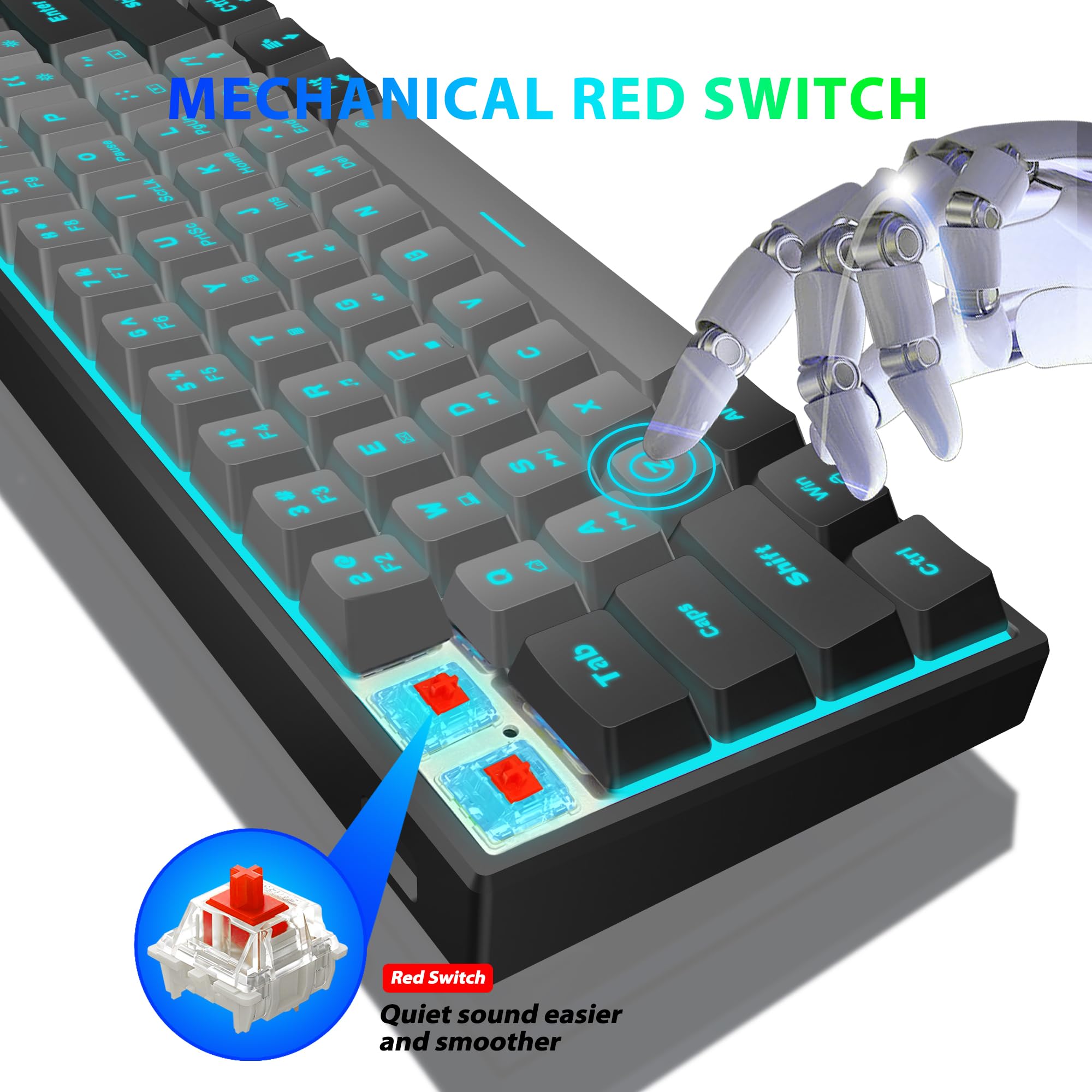 Snpurdiri 60 Percent Mechanical Gaming Keyboard, Blue Switch Anti-Ghosting 61 Key LED Rainbow Backlit Keyboard, Mini Portable Quick Response Keyboard for Laptop PC Gamer, Black