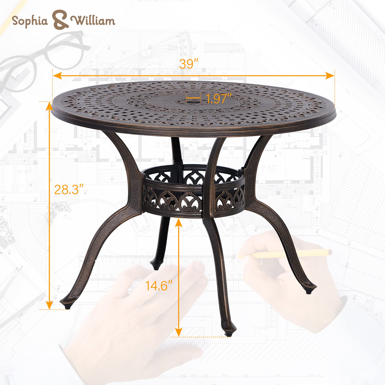 Sophia & William Cast Aluminium Patio Dining Table Round with 1.97" Umbrella Hole, Premium Bronze Outdoor Bar Bistro Table for Porch Balcony Backyard, 39" Dia x 28.3" H