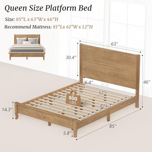 Cozyman Wood Bed Frame, Platform Bed Frame Queen Size with Headboard, No Box Spring Needed, 14 Inch Solid Oak Wood Mattress Foundation, 800Lb Capacity, Easy Assembly, Dark Oak Wood