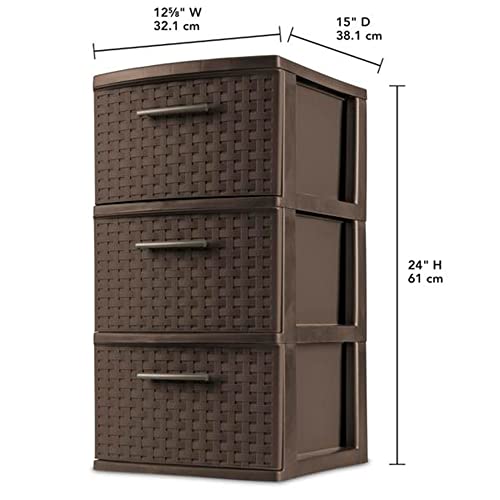Sterilite 3 Drawer Wicker Weave Decorative Storage Organization Container Cabinet Tower with Driftwood Handles, Espresso (4 Pack)