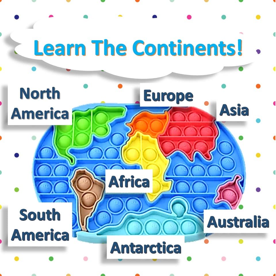 Puzzle Toy World Map Countries & Continents Pop Toy Stress Relief Sensory for Girls Boys Educational Learning Geography Earth Learning Tool Preschool Elementary Stocking Stuffer