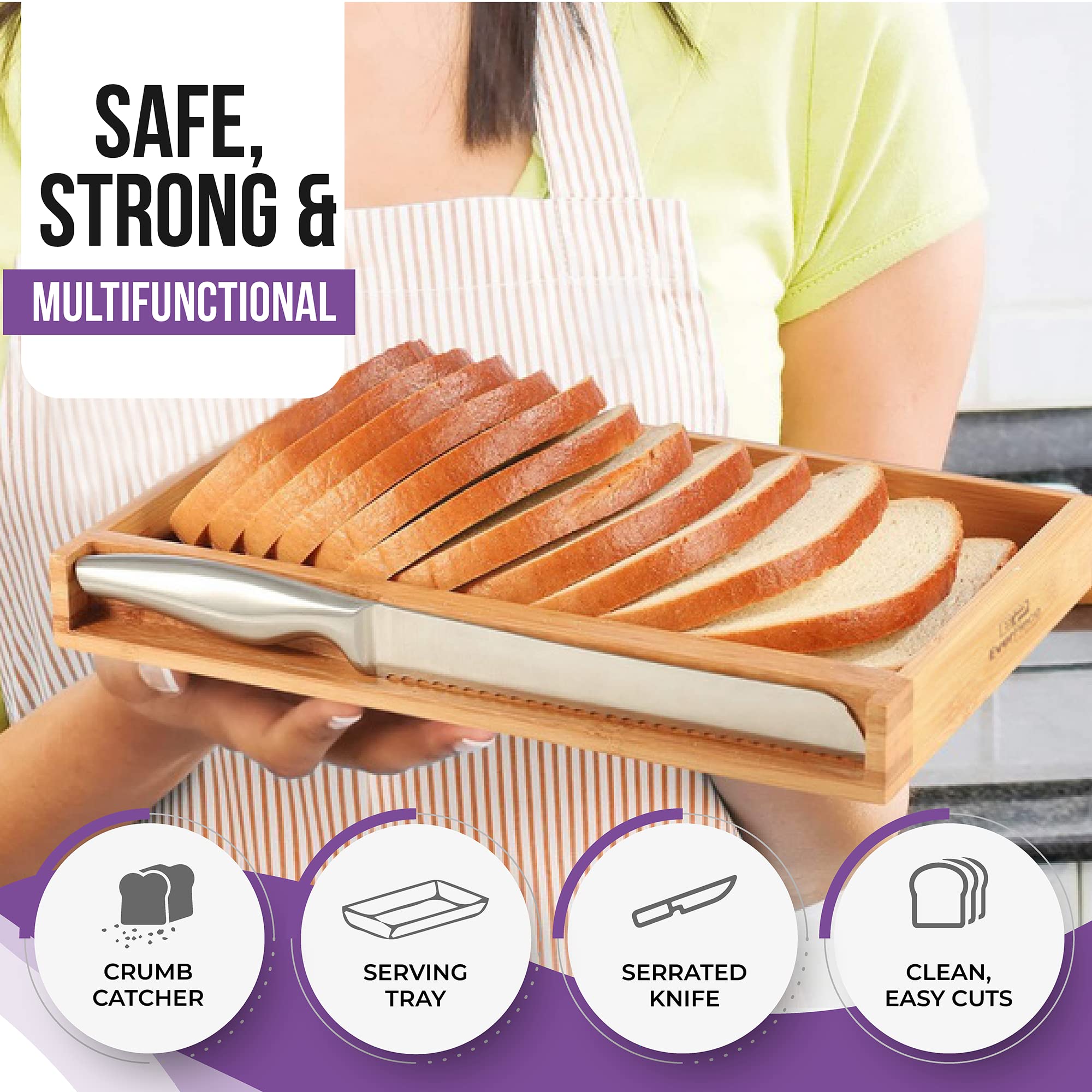 EverPiece Bread Slicer for Homemade Bread, Bamboo Bagel and Bread Slicing Guide with Crumb Tray and Knife Has 3 Thickness Settings, Folds Flat for Easy Storage with Bread Making Tools and Supplies