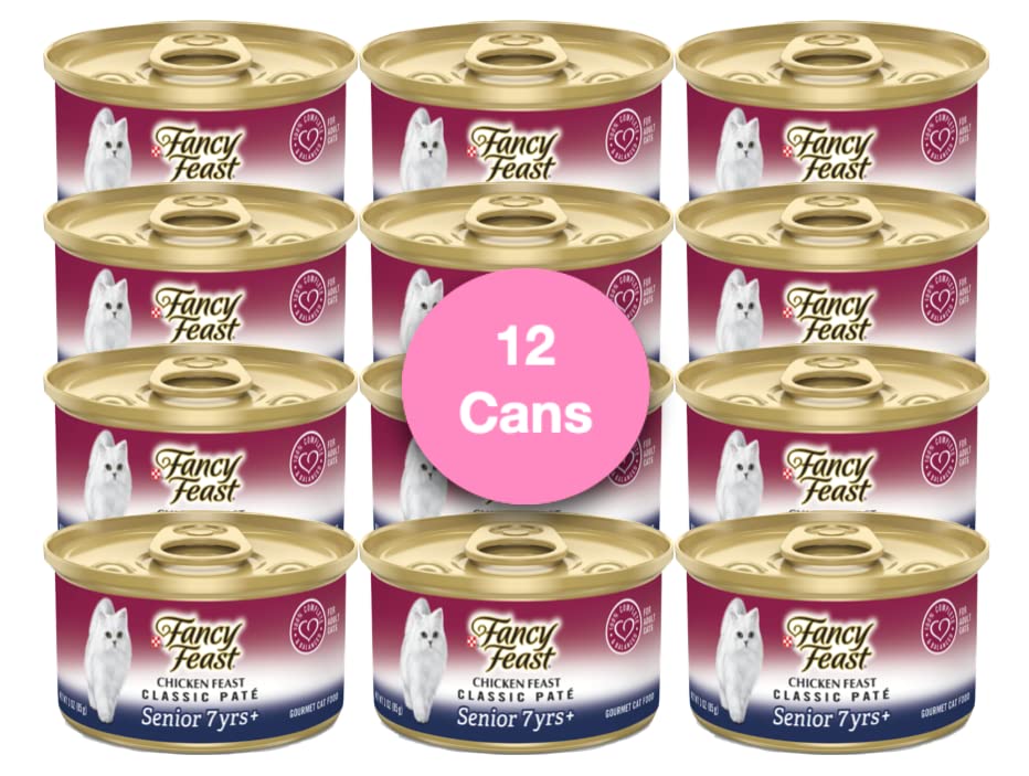 Fancy Feast High Protein Senior Gravy Wet Cat Food, Chicken Feast Classic Paté Senior 7+ Pack of 12 Cans (3 oz.) with Healthier Paws Sticker