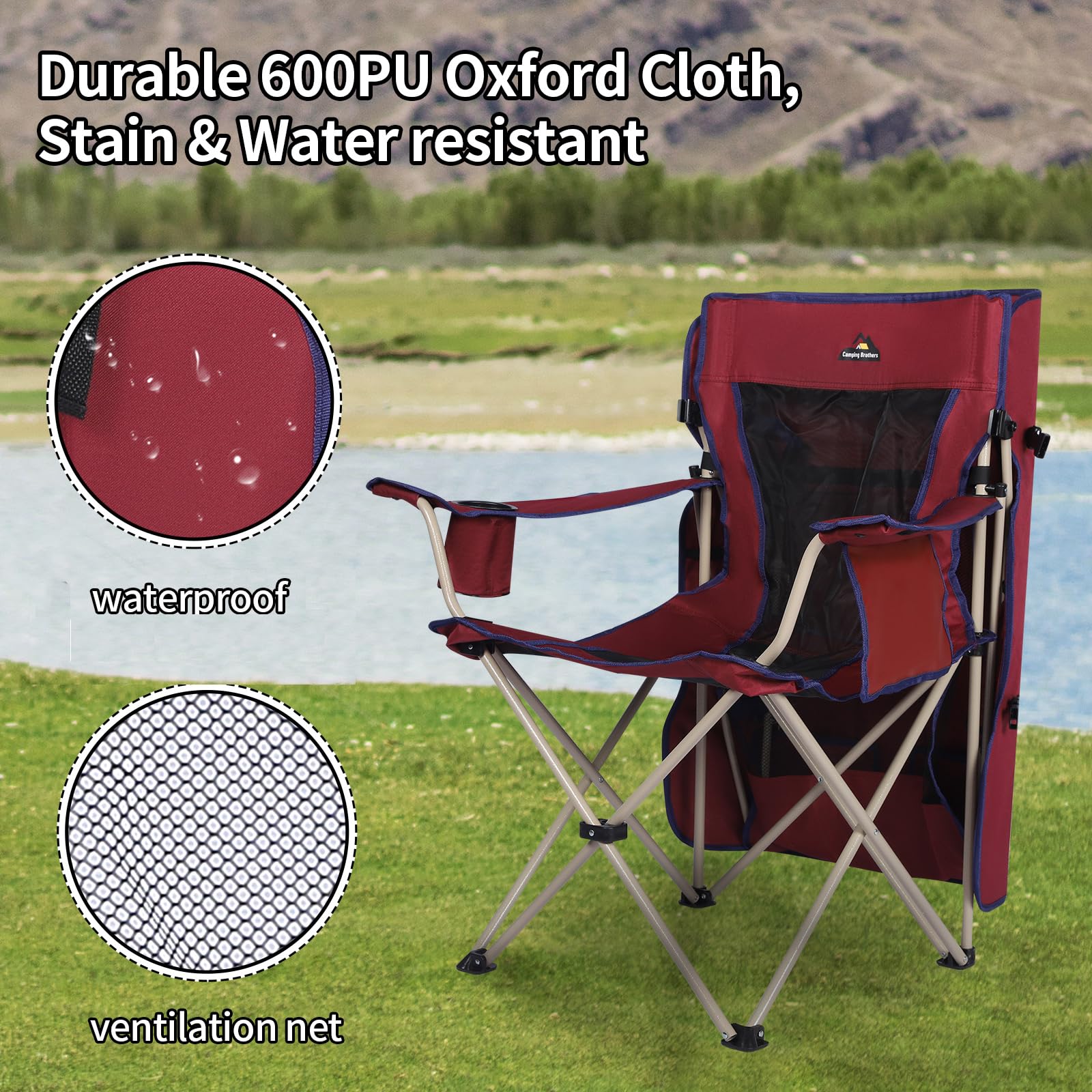 Camping Brothers Camping Chair with Shade Canopy - Outdoor Folding Patio Chair - Includes Retractable Sun Shade, Cup Holder, Side Pockets (Maroon)