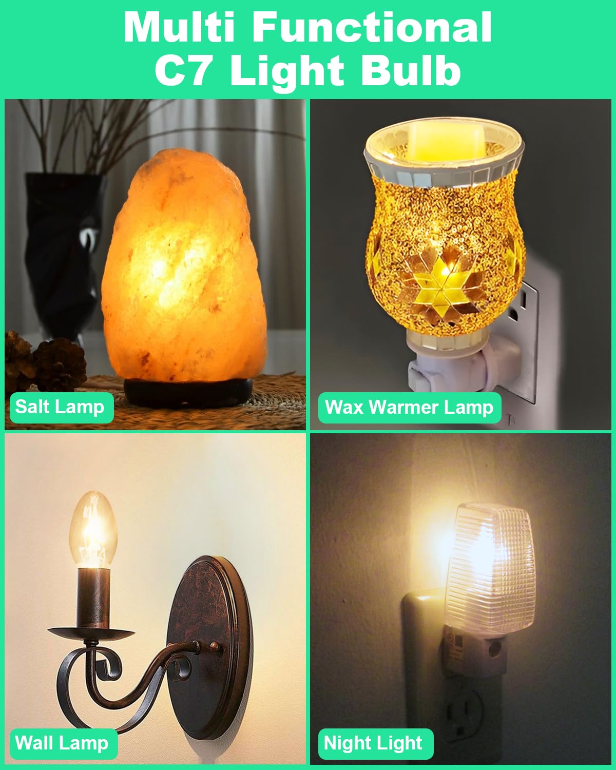 MEQIQTEK Salt Lamp Bulb - Scentsy Light Bulbs for Plug in Wax Warmer - 15 Watt Night Light Bulbs - E12 Bulbs for Household Salt Lamp - C7 Bulb Shape, 15packs