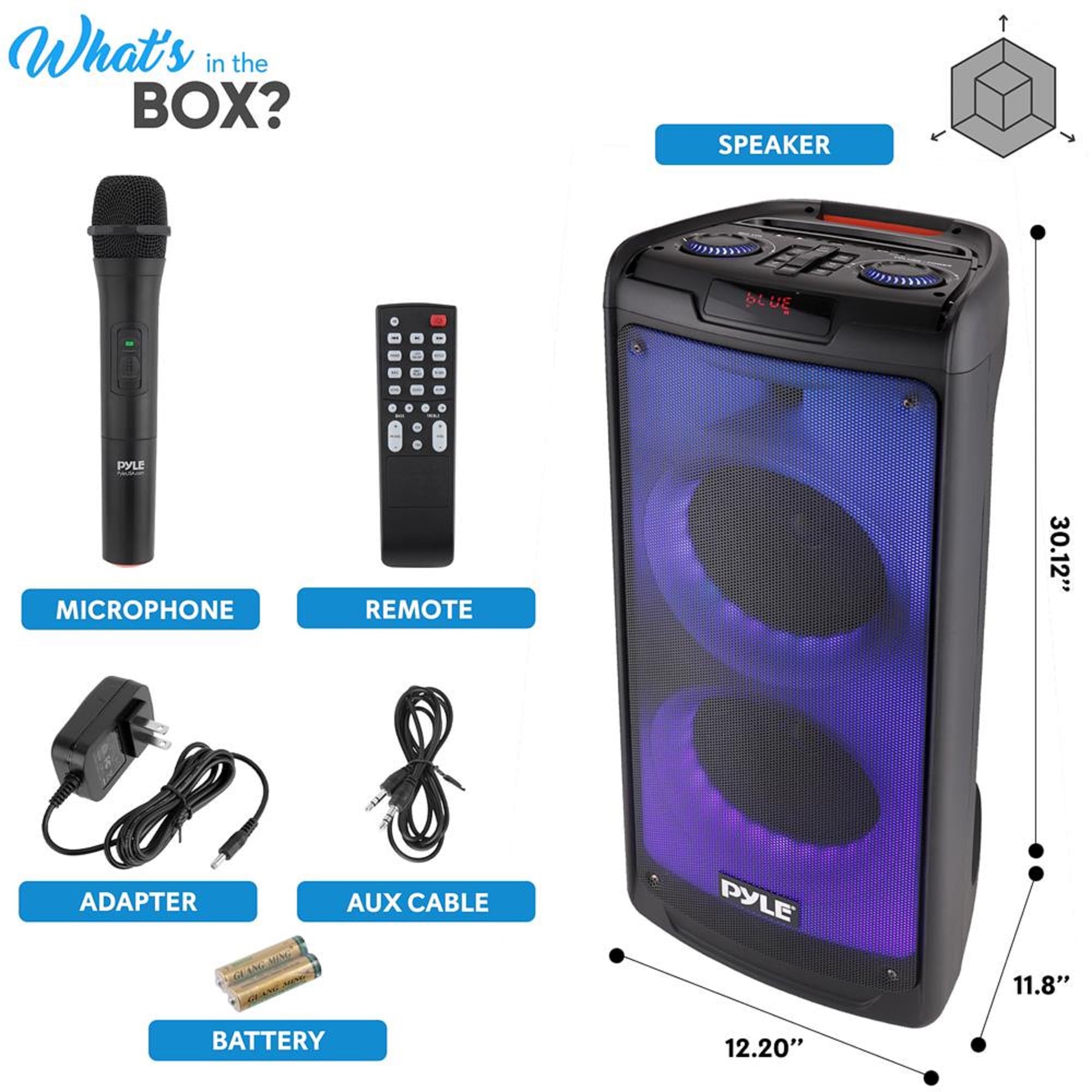 Pyle Portable Bluetooth PA Speaker System - 500W Rechargeable Indoor Outdoor Stereo w/Dual 8β Woofer & Tweeter, Audio Recording, Wireless Microphone, Flaming Light, Radio, MP3/USB/Micro SD, Remote