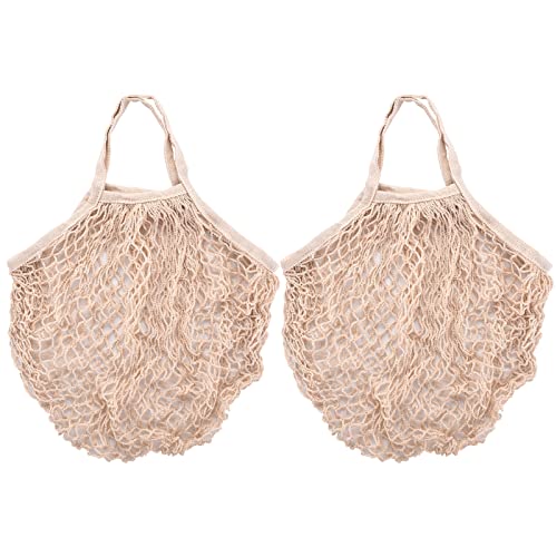 Eslazoer [2 pack] completely Cotton string storage shopping bags, Ecology Reusable and washable mesh grocery bag, Portable short handle net tote beige