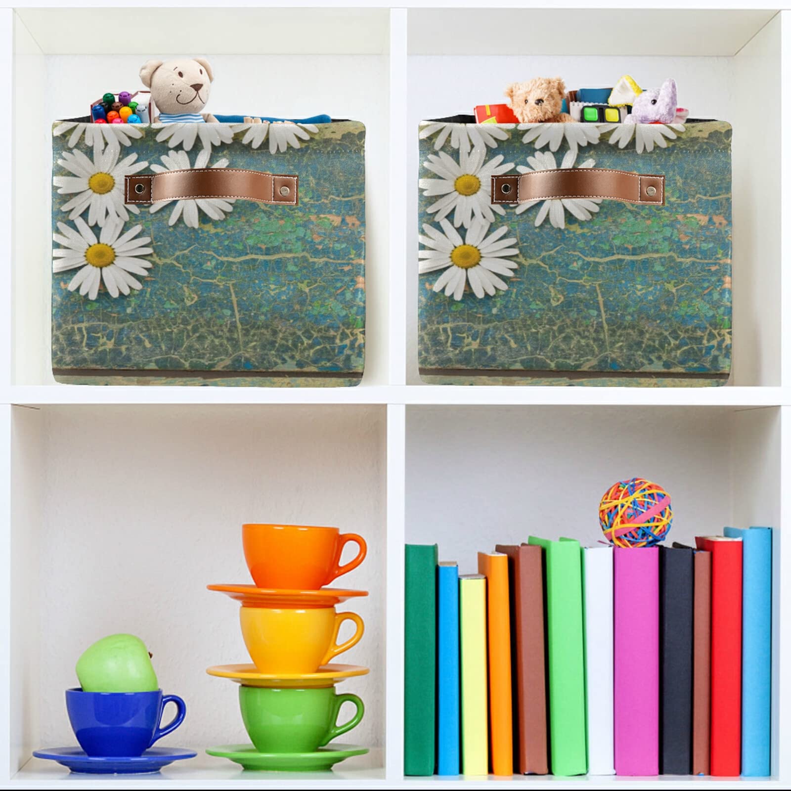 Flower Floral Daisy Wood Storage Bin Canvas Toys Storage Basket Bin Large Storage Cube Box Collapsible with Handles for Home Office Bedroom Closet Shelves,1 pc