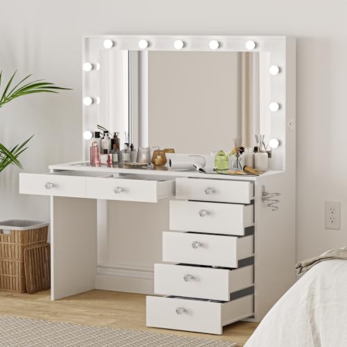 Boahaus Diana LARGE Vanity Makeup Desk with Vanity Mirror, Built-in Lights, 7 Drawers, Crystal Ball Knobs, Power Outlet, White Makeup Desk for Bedroom, 58.2'' H x 47.2'' W x 17.7'' D