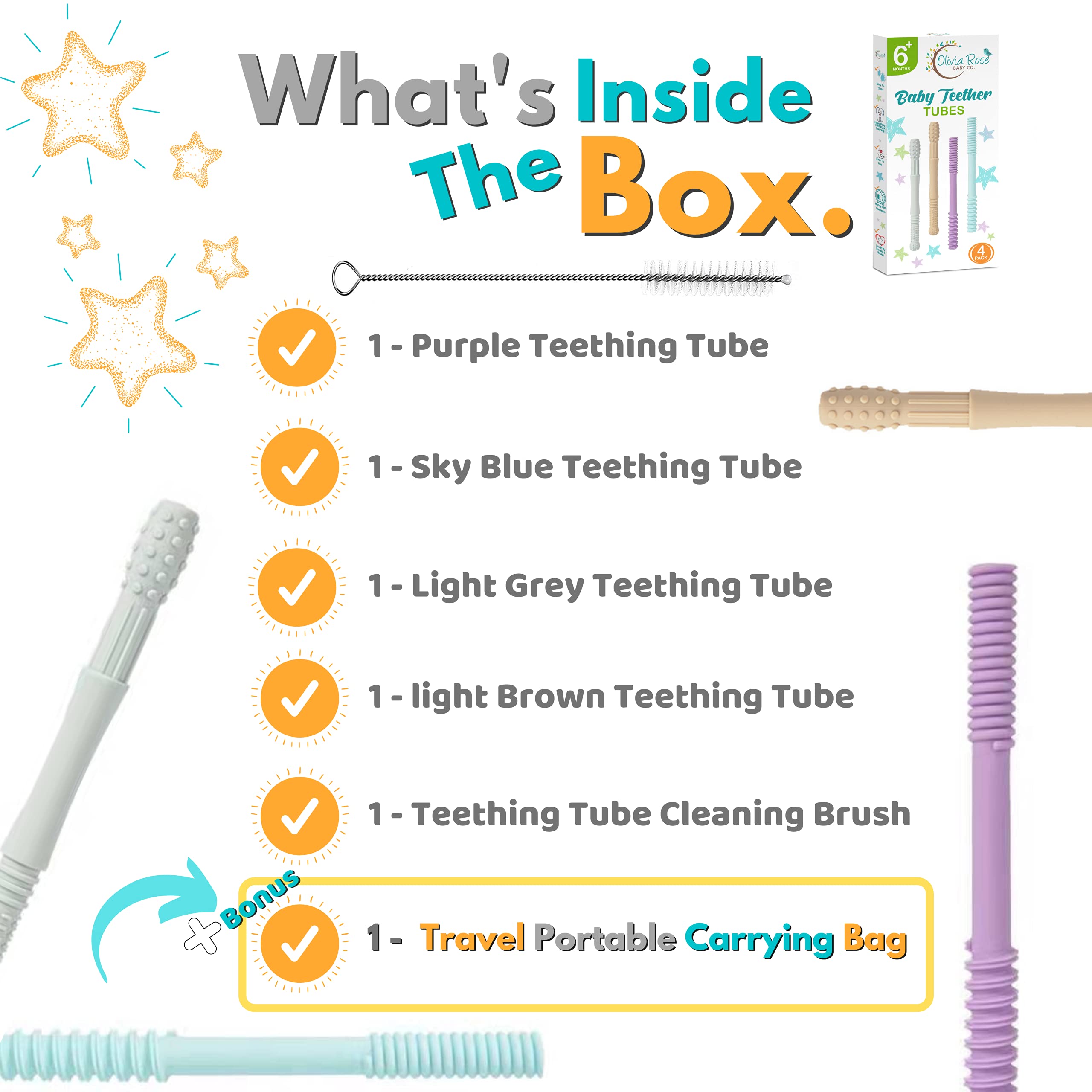 Soft Hallow Silicone Teething Tubes for Babies, (4 Pack) Baby Teether Tubes Includes Cleaning Brush, Soothing Teether & Flexible Teething Stick Toy for Infants & Toddlers, 100% Safe for Girls & Boys