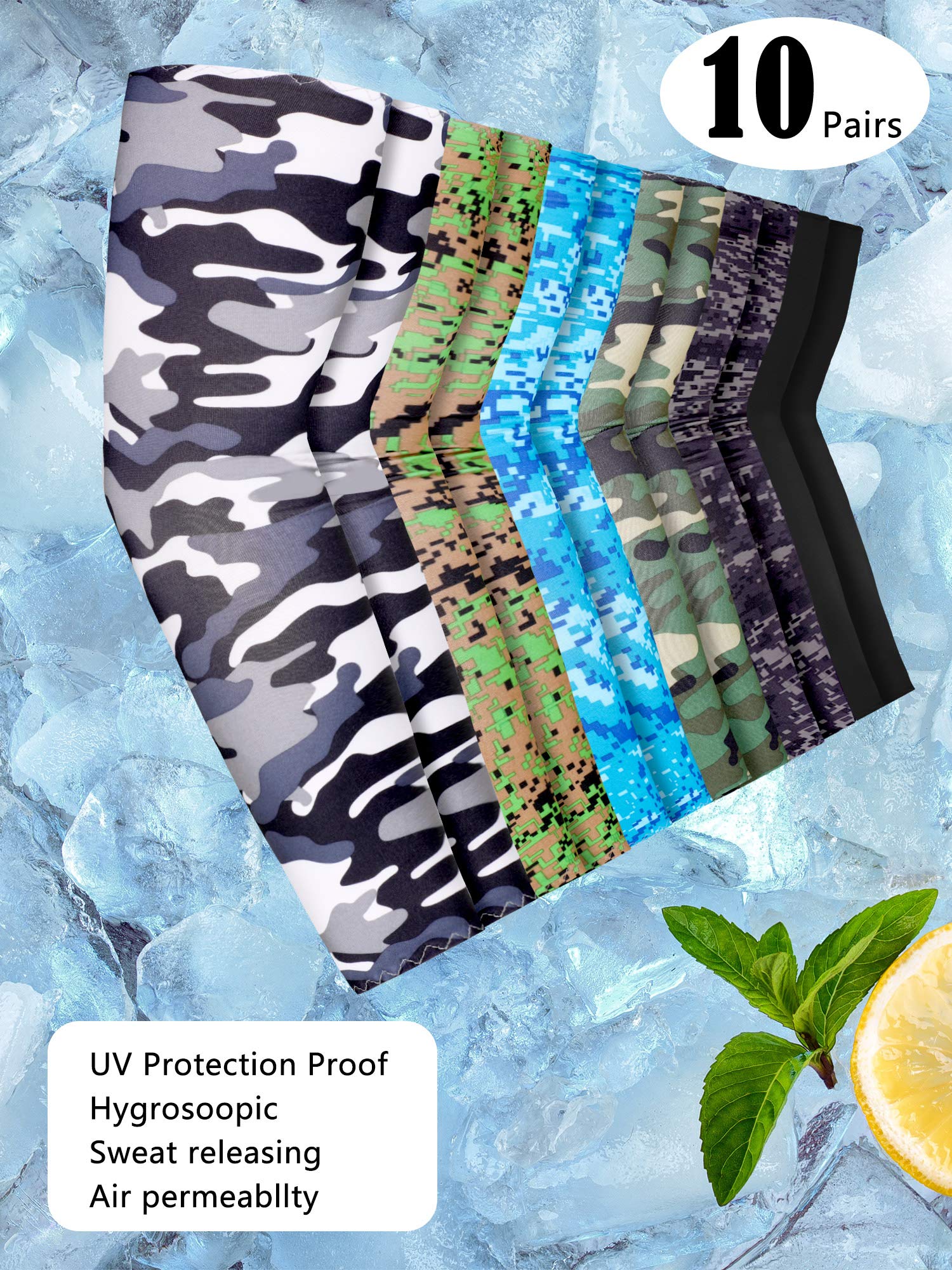 Boao 10 Pairs UV Protection Cooling Arm Sleeves Anti-Slip Ice Silk Arm Cover for Men (6 Colors)
