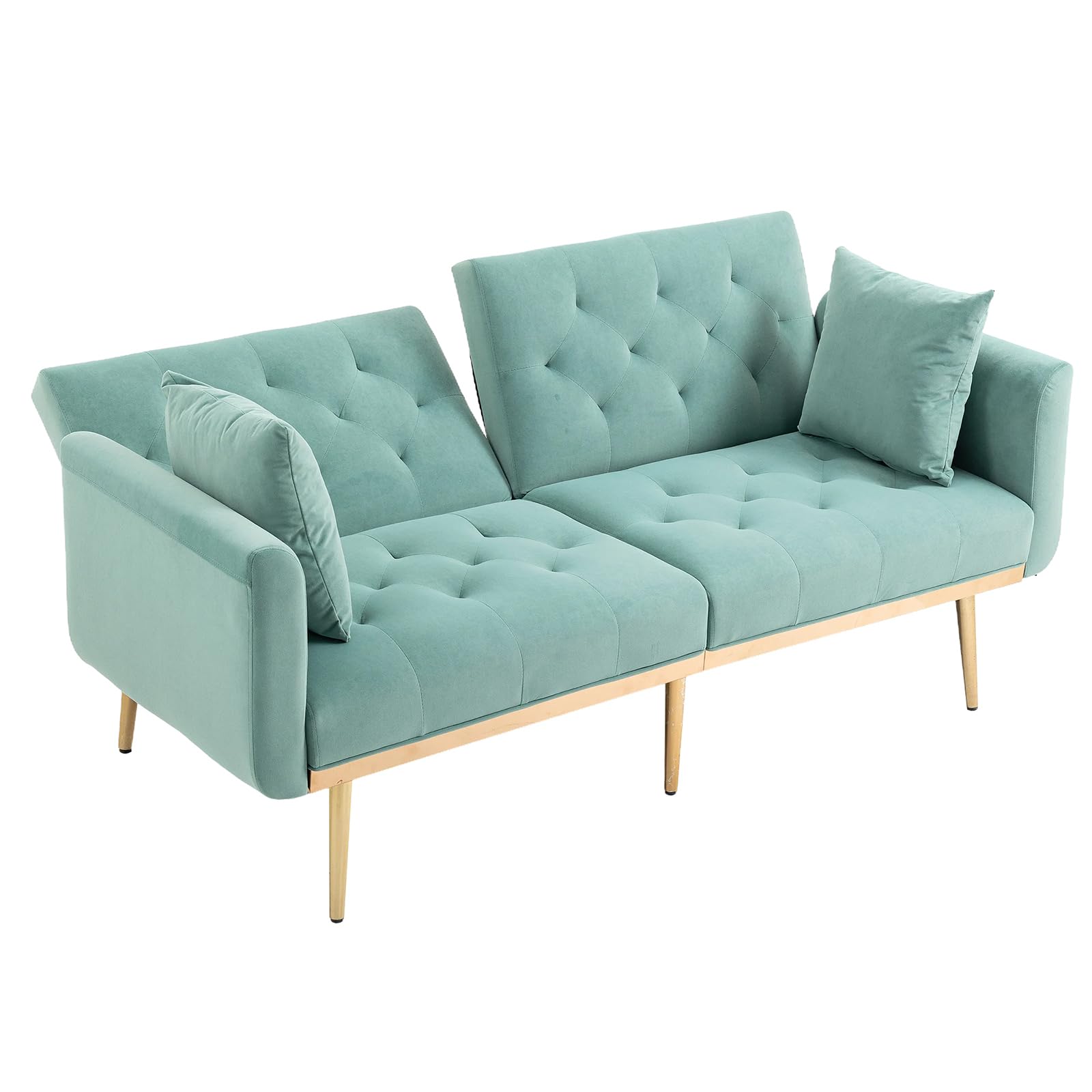 EXZLFA Velvet Sofa Couch,Convertible Sleeper Sofa Bed with Gold Metal Legs and 2 Pillows,Folding Futon Accent Upholstered Loveseat for Living Room Bedroom Office (Mint Green Polyester)