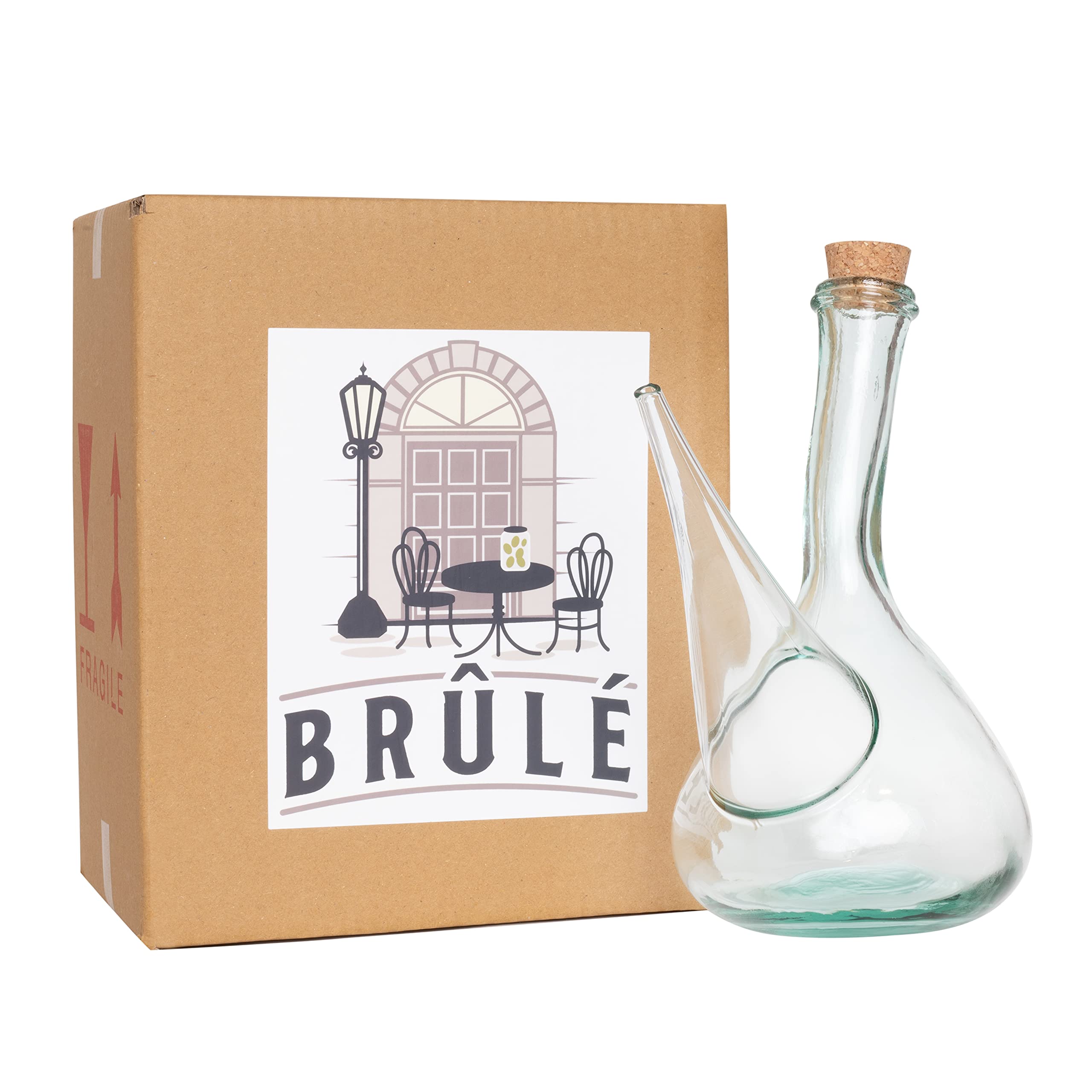 Brule Spanish Porron Wine Pitcher Decanter and Aerator, 750 mL Carafe, Elegant Glass Pourer with Bottle Stopper, Decorative Kitchen and Dining Room Glassware, Red and White Wines
