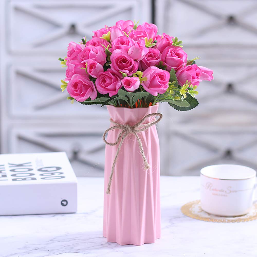 Nadalan Artificial Flower Arrangements Bulk with Vase Fake Rose Red Silk Plastic Flowers for Home Decor Desk Garden Party Wedding Decoration (Rose red)