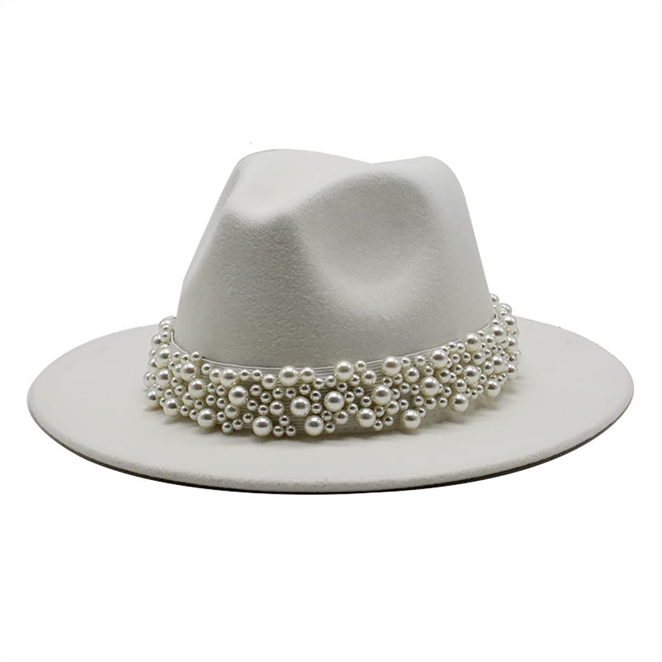 Qkrlamx Black Fedora Hats for Women Wool Panama Hat with Pearl Band Wide Brim Felt Hat Classic Trilby Hat White