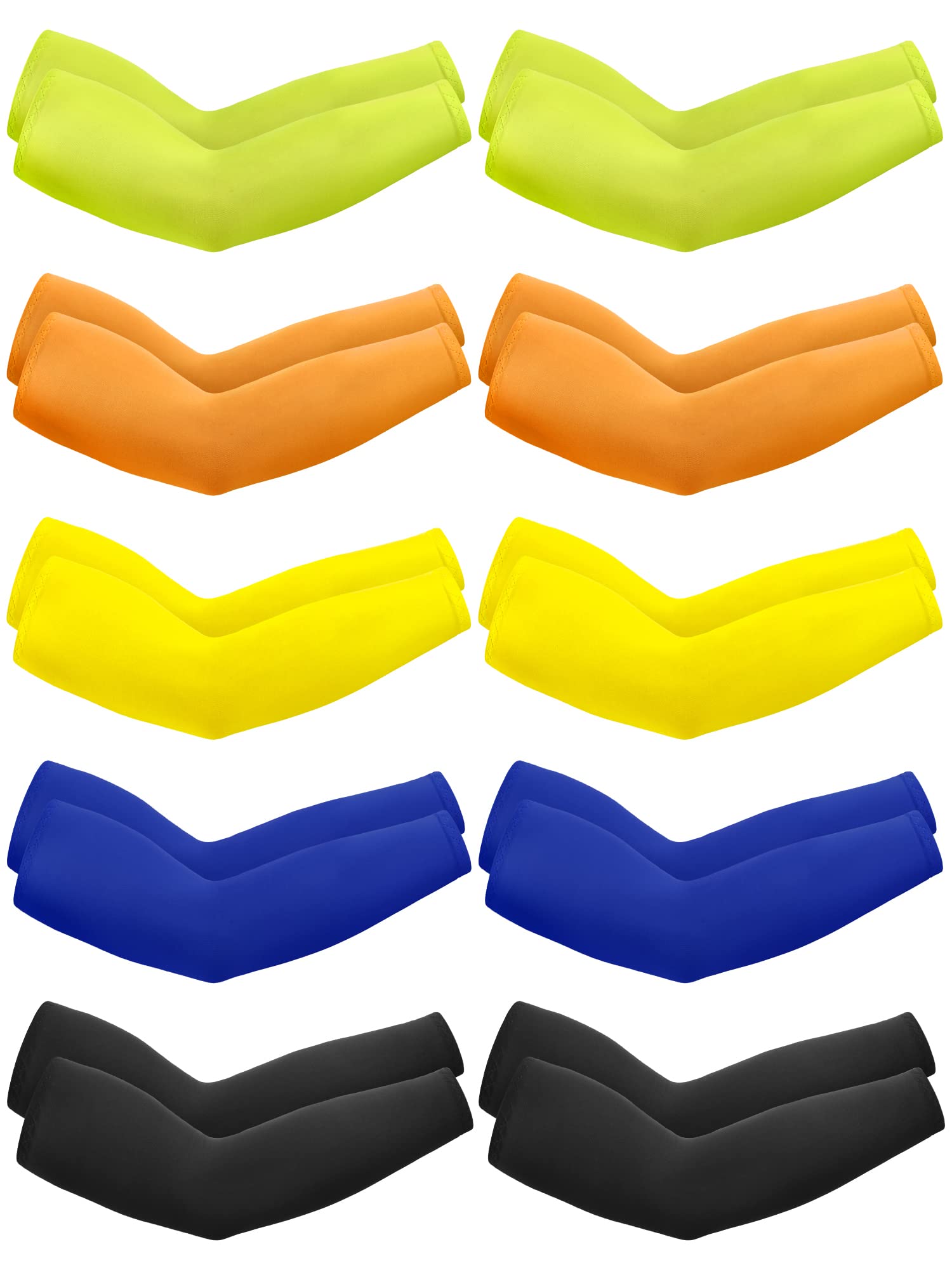 Boao 10 Pairs UV Sun Protection Arm Sleeve for Men Women Work Cooling Compression Tattoo Cover Up Sleeves for Cycling Fishing (Black, Fluorescent Light Green, Orange, Royal Blue, Yellow)