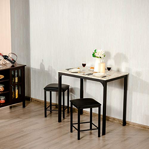 Giantex 3 Pcs Dining Table and Chairs Set with Faux Marble Tabletop 2 Chairs Contemporary Dining Table Set for Home or Hotel Dining Room, Kitchen or Bar (White & Black)