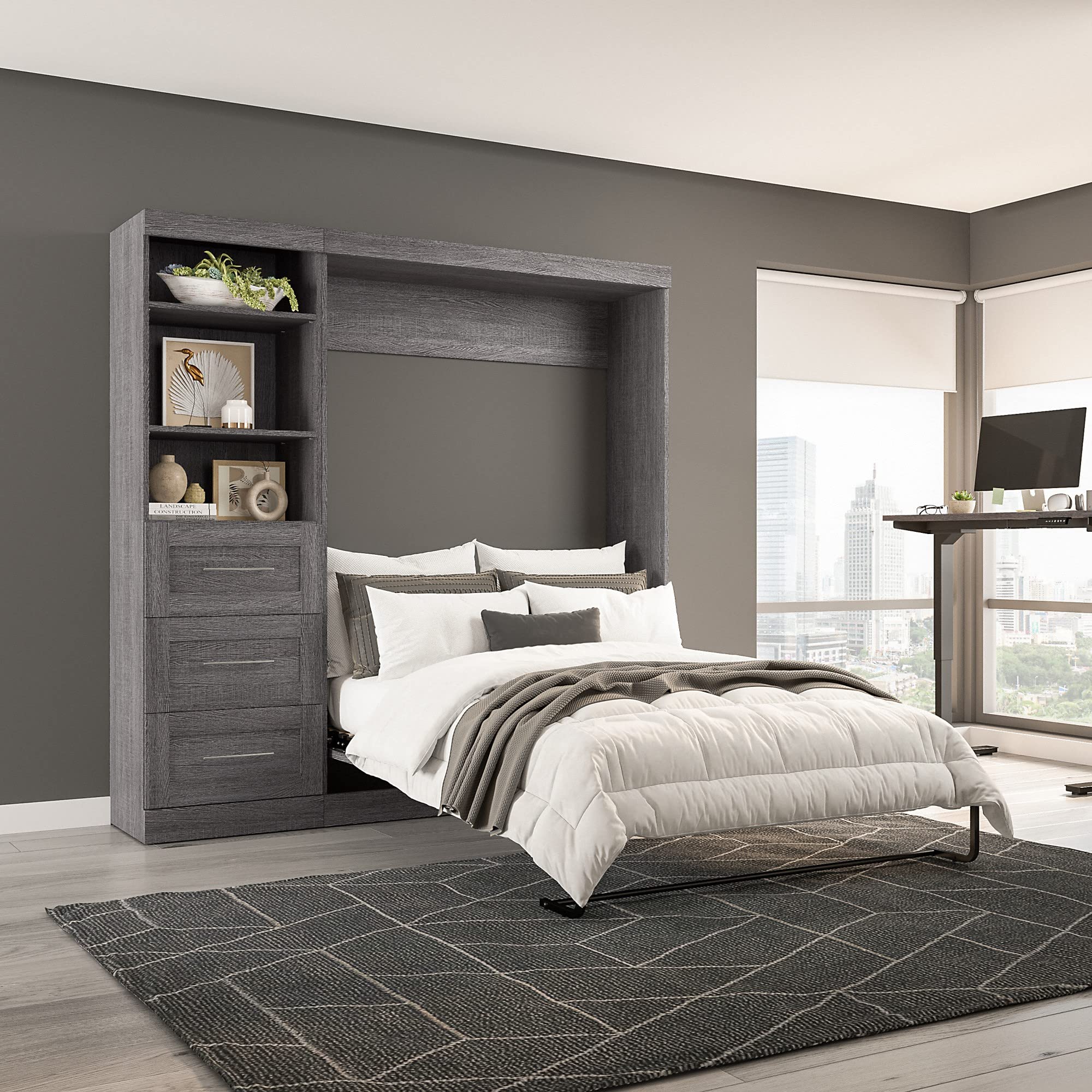 BESTAR Pur Murphy Unit with Drawers, Space-Saving Wall Bed with Storage, Queen, Platinum Gray