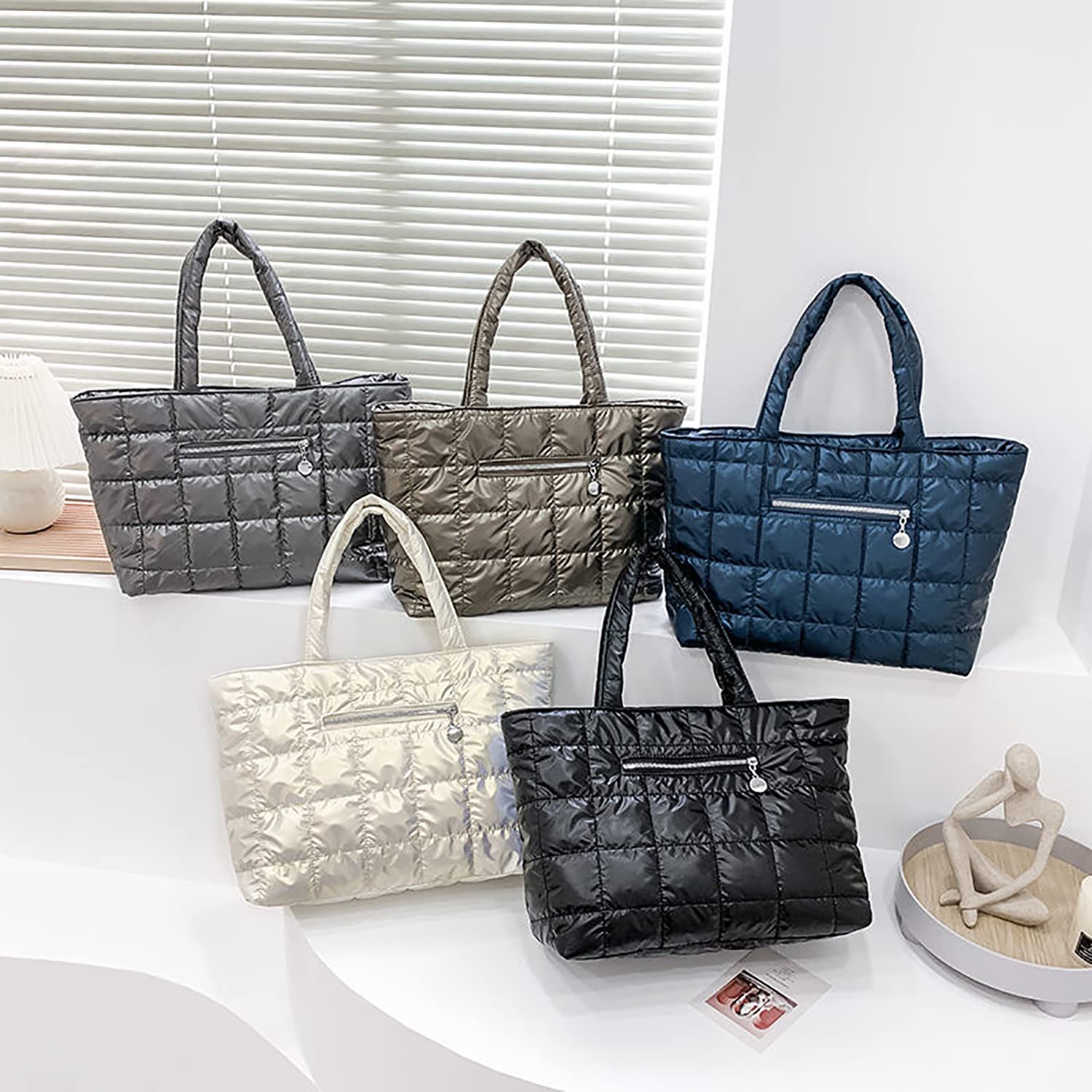 Qvenou Large Puffer Tote Bag for Women Lightweight Quilted Handbag Down Cotton Padded Shoulder Bag Large Capacity Down Padding Tote Bag-Off-white