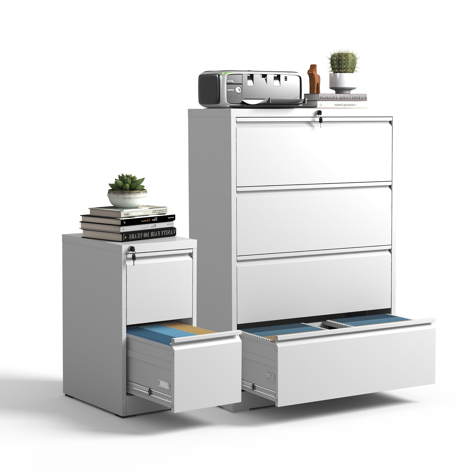 BIZOEIRON 4 Drawer Lateral File Cabinet and 2 Drawer File Cabinet with Lock, White