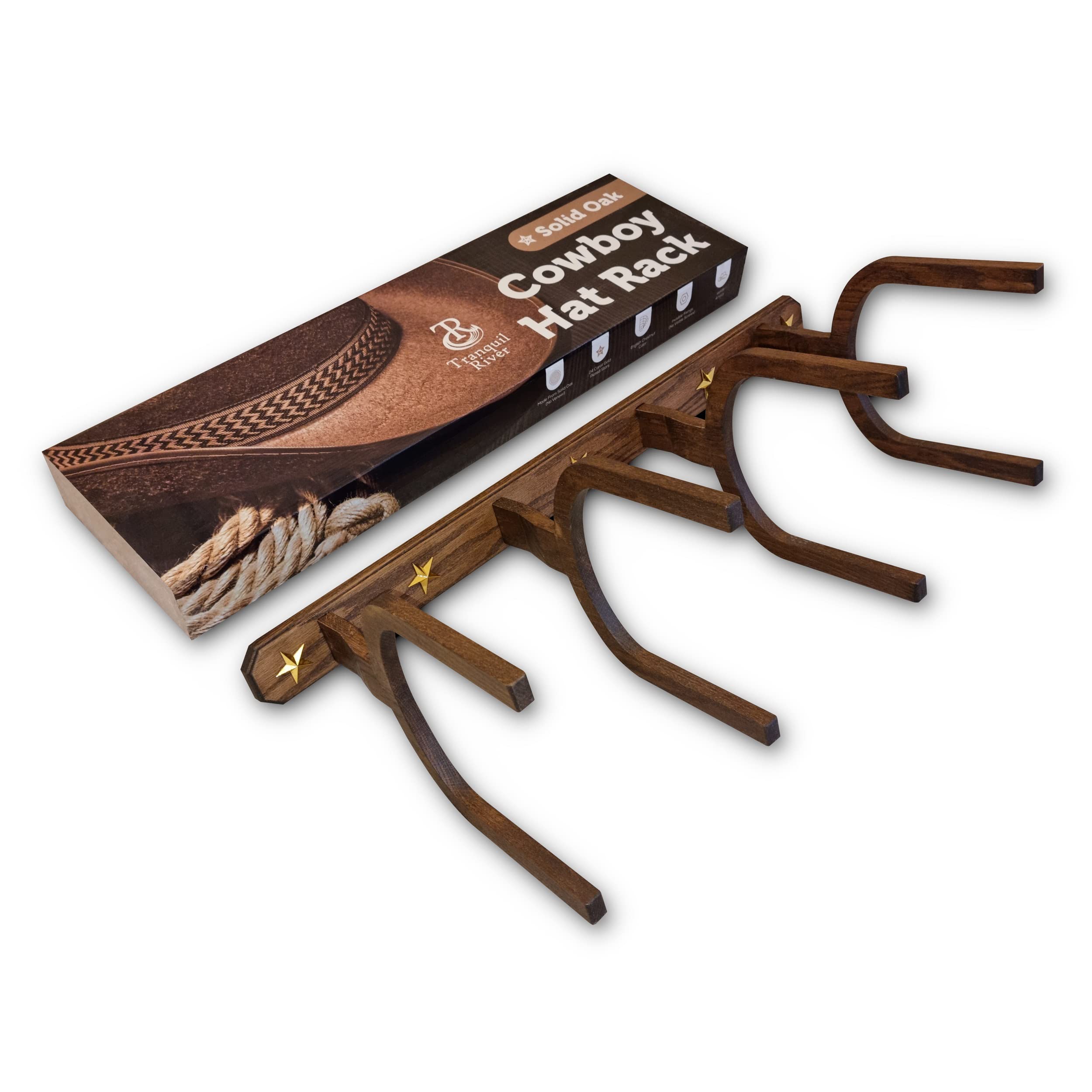Cowboy Hat Rack - Made from Solid Oak - with Solid Copper 24 Carat Gold Plated Stars - 4 Hat Cowboy Hat Holder - No Veneer or Chipboard