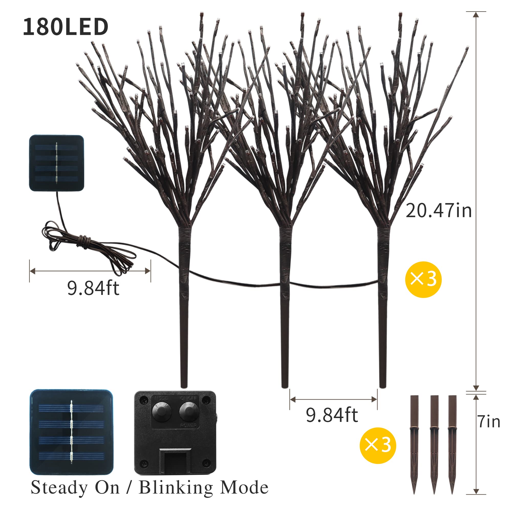 Solar Led Lighted Branches Pathway Lights 3 Pack 180 Led Brown Twig Lights with Blinking Mode for Yard Garden Home Christmas Decoration (Warm White)