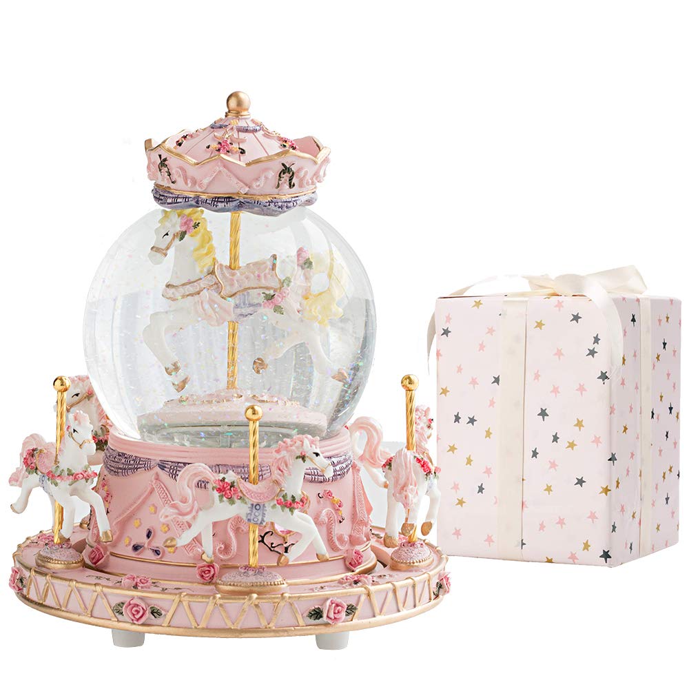 LOVE FOR YOU Gift Wrapped Music Box Carousel Horses Color Lights Unicorn Musical Snow Globe for Girls and Women Baby Kids Sister Daughter Mom Granddaughter Grandma Christmas Birthday Presents Gifts