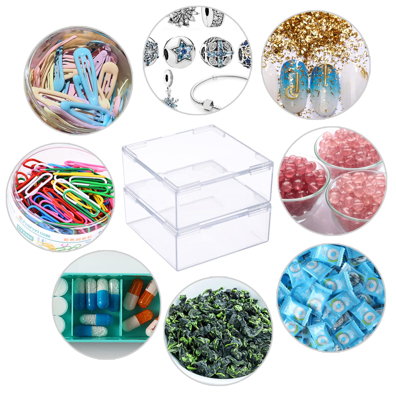 BTSKY Clear Plastic Small Storage Containers with Lid Mini Clear Boxes for Organizing Stackable Paper Clips Holder Multi-use Bead Organizers for Clips, Rhinestones, Hairpins and Candy, 2PCS Round