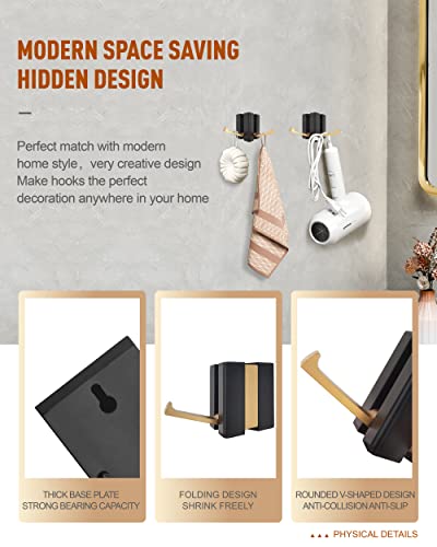 MrsJeggy 2 Pack Waterproof Black Gold Wall Hooks,Foldable Bathroom Hooks for Towels,Bathroom Towel Hooks,Branch Hooks,Adhesive Towel Hooks,Towel Hanger Wall Mounted,Bath Robe Holder for Home,Office