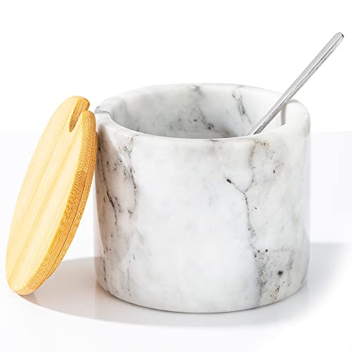 NHKRTE Marble Salt Cellar with Lid & Spoon, 11oz Salt and Pepper bowls, Handcrafted from Natural Marble, Smooth Inside (White)