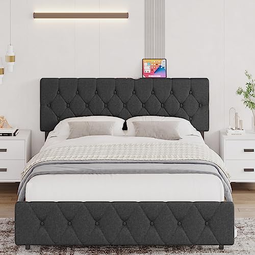 KIETLER King Size Bed Frame with Type-C & USB Ports， Adjustable Headboard， Upholstered Platform with Wooden Slats Support, Linen Fabric Wrap No Box Spring Needed, Easy Assembly, Dark Grey