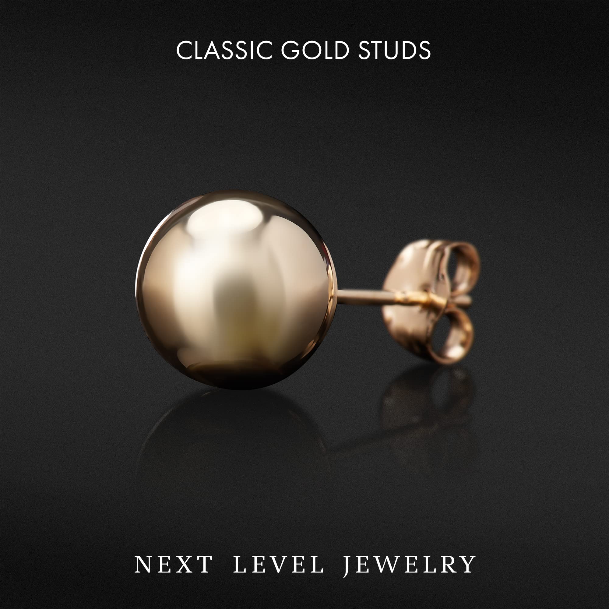 Next Level Jewelry 14K Yellow Gold Polished Ball Stud Earring, 3MM-8MM, Real Gold Post Earrings for Women