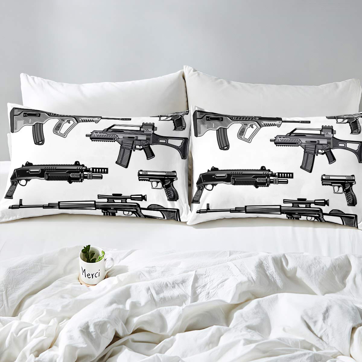 Feelyou Guns Bedding Set Firearms Ammunition Duvet Cover Set for Kids Boys Teens Submachine Gun Sniper Rifle Comforter Cover War Theme Quilt Cover Bedroom Collection 3Pcs King Size