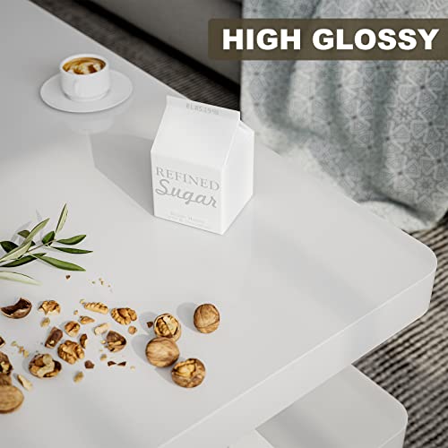 IKIFLY Modern High Glossy White Coffee Table with 16 Colors LED Lights, Contemporary Rectangle Design Living Room Furniture, 2 Tiers