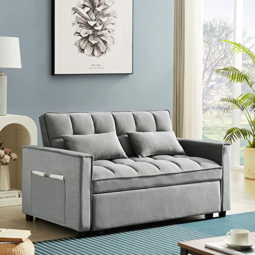 FANYE Loveseat Pull Out Sleeper Bed,2 Seater Sofa & Couch W/Adjustable Backrest Home Apartment Office Living Room Furniture Sets Sofabed, Gray Twin Velvet Two Pillows Both Side Pockets