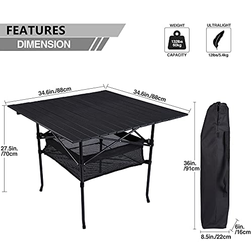 CAMPMOON Aluminum Camping Table Roll Top with Mesh Storage, Folding Lightweight Roll Up Table Square for Outdoor Camping Grill, Black, 34.6X34.6 Inch