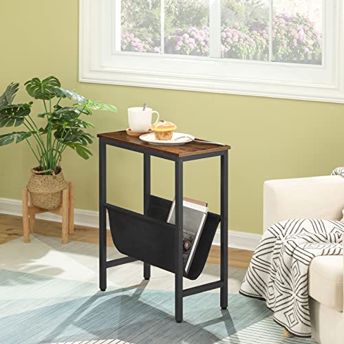 HOOBRO Narrow End Table, Side Table for Small Spaces, Slim Nightstand with Magazine Holder, Modern Skinny Sofa Table, 24.6 in Width Bedside Table, Snack Couch Table, Rustic Brown and Black BF41BZ01G1
