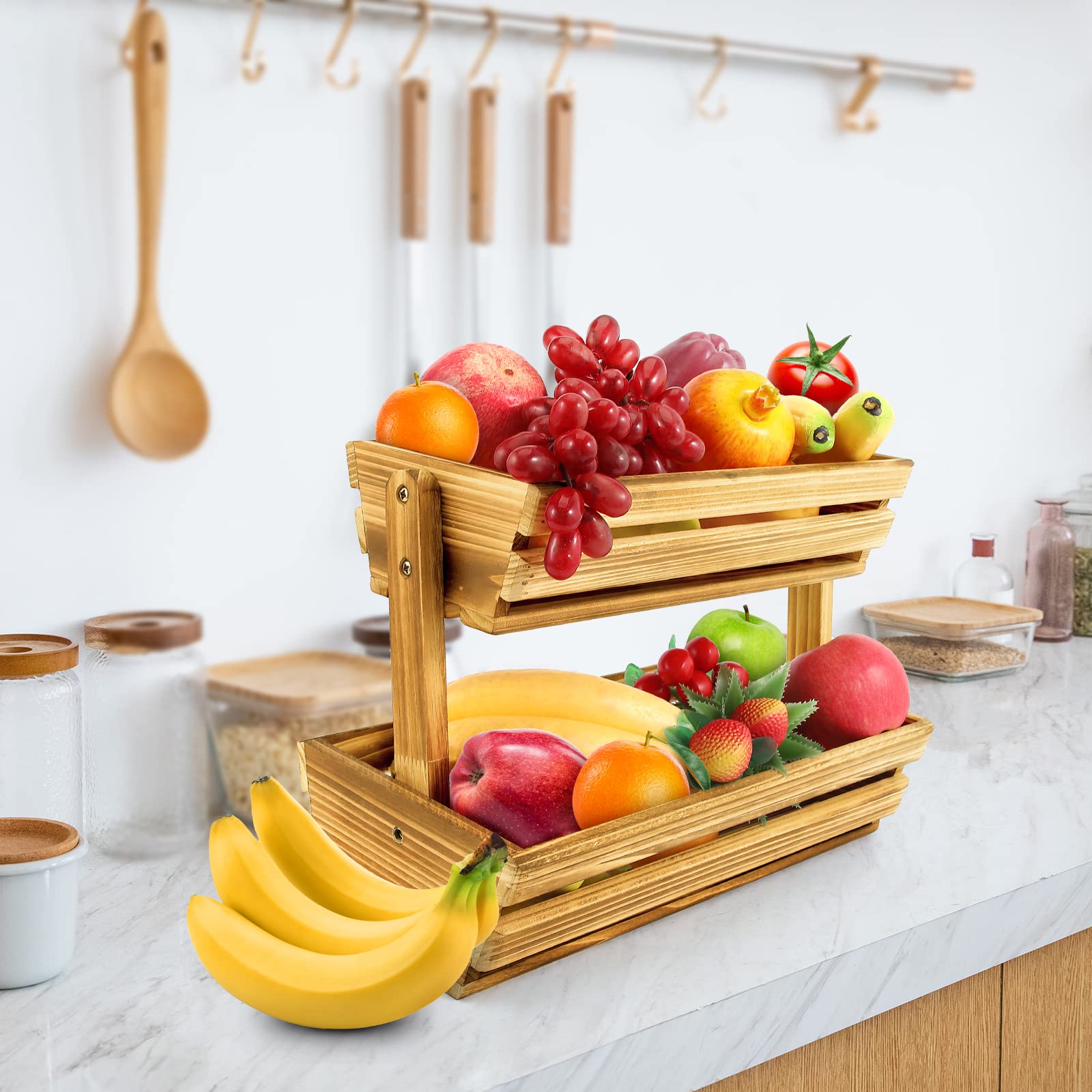 CALM COZY 2-Tier Wooden Fruit Basket, Farmhouse Fruit Basket Counter Top Organizing for Kitchen, Vegetable Stand Bread Racks Produce Basket, Classic Wood Color