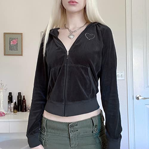 Faretumiya Women Zip Up Long Sleeve Crop Hooded Tops Ribbed Knit Cropped Hoodie Jacket Y2k Cute Sweater Pullover(Heart Black,S)
