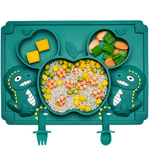 NICINGU 3Pcs Toddler Silicone Placemat Spoon and Fork Set,Divided Plate Dish for Baby Kids Infant Self Feeding Training,Non-Suction BPA Free Microwave Dishwasher Safe-Blue Dinosaur