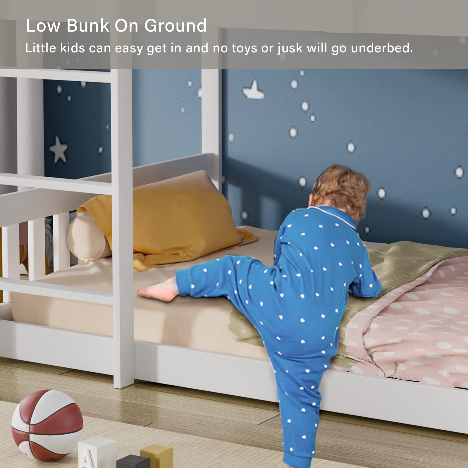 JOYMOR Solid Wood Low Twin Over Twin Bunk Bed for Kids/Toddlers/Junior, Bunk Bed Frame with Guardrails & Ladder for Boys Girls, No Box Spring Needed, White