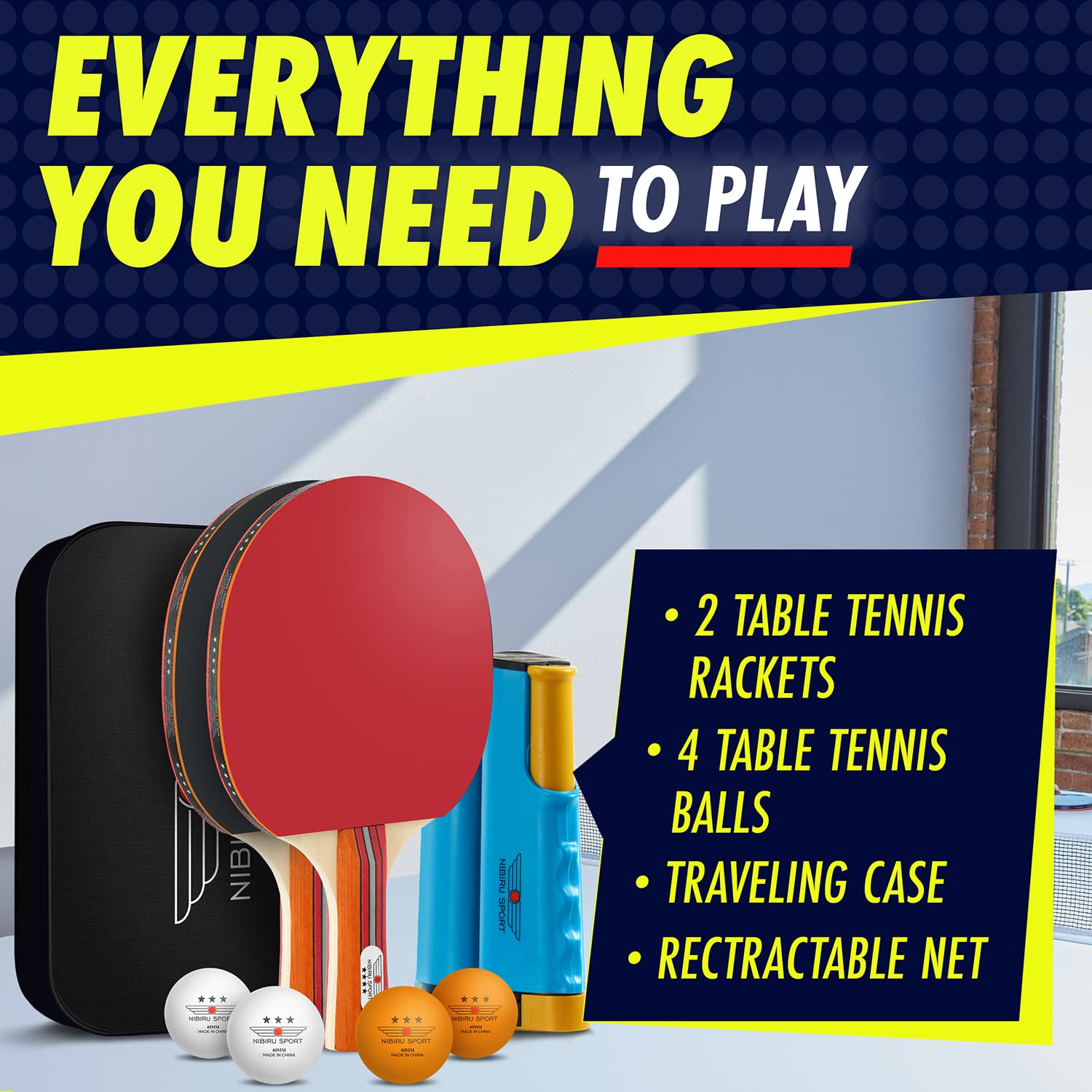NIBIRU SPORT Professional Ping Pong Paddle Set (2-Player) - Table Tennis Paddles Set of 2 with Retractable Net, 4 Balls, and Carry Bag/Storage Case - Table Tennis Equipment & Ping Pong Accessories