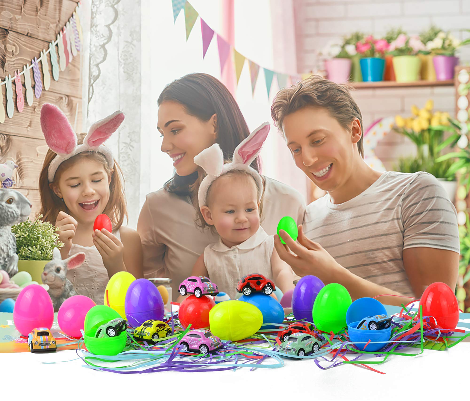 YIMIPHER 12 Filled Easter Eggs with Pull Back Cars, Toy Prefilled Plastic Easter Egg for Kids, Easter Hunt Party Favors Basket Stuffers, Easter Goodie Bags Fillers