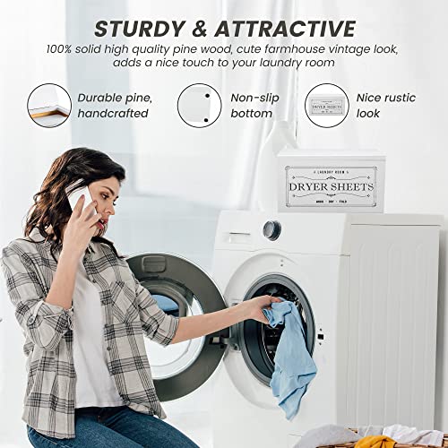 Dryer Sheet Holder with Hinged Lid - Rustic Farmhouse Dryer Sheet Dispenser Container Laundry Room Decor, Fabric Softener Dispenser for Laundry Organization/Storage,Non-Slip Bottom,White