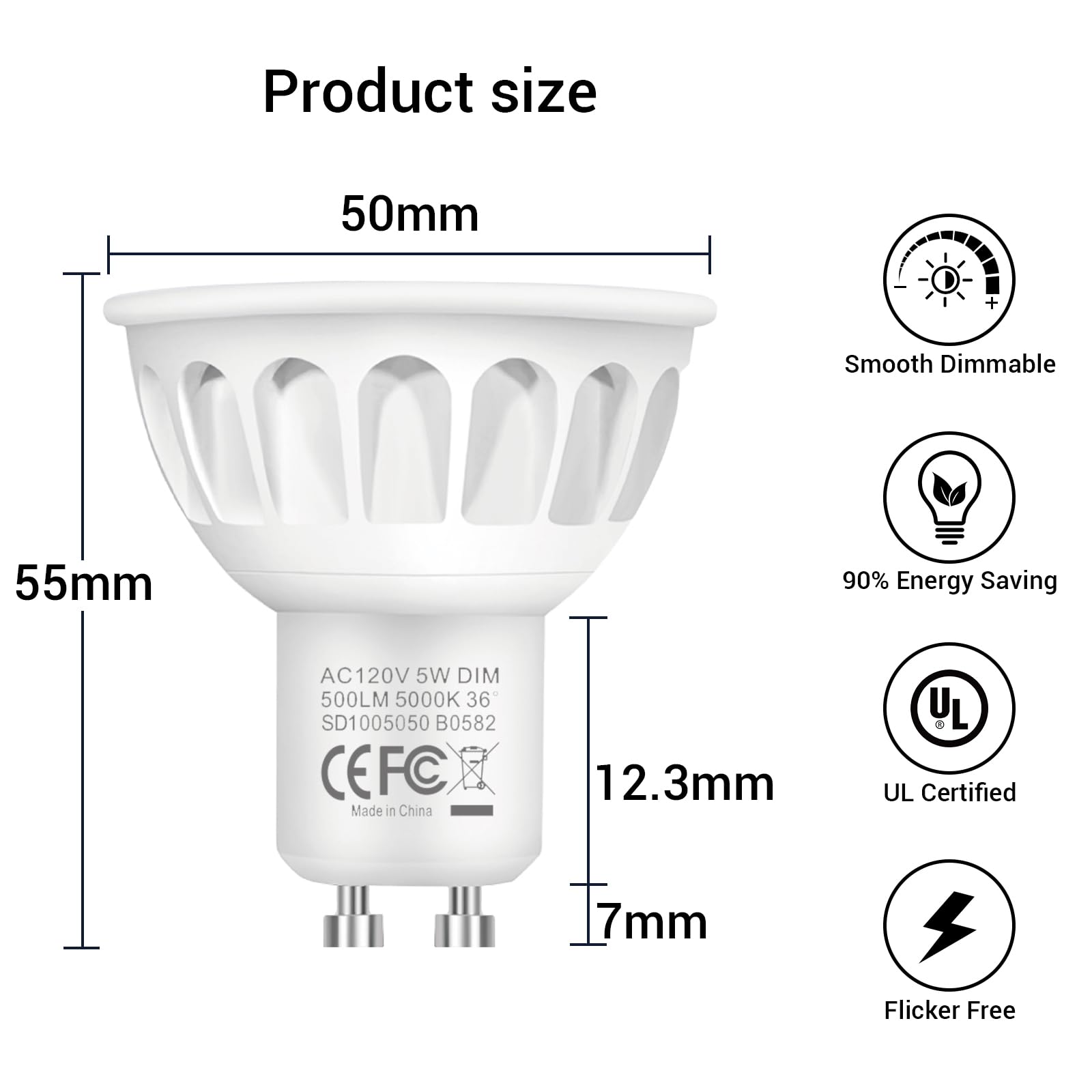 GU10 LED Bulb Dimmable, 50W Halogen Equivalent, 5000K Daylight White Natural Light Bulbs, 500LM White Light Bulbs Replacement for Recessed Track Living Room Bathroom Lighting, 5W 12 Pack