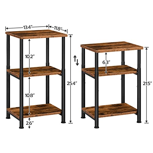 HOOBRO Side Table, Height-Adjustable Nightstand with Storage Shelves, 3-Tier Tall Industrial End Table, Coffee Table, for Living Room, Bedroom, Study, Solid Structure, Rustic Brown BF65BZ01