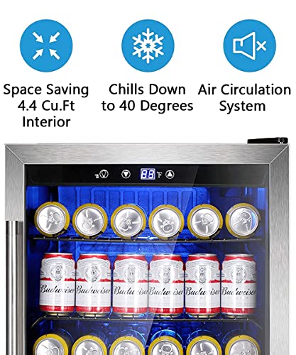 Joy Pebble Mini Fridge Beverage Cooler - 128 Can mini fridge with glass door for Soda Beer or Wine -Drink Dispenser Small Refrigerator with Adjustable Thermostat for Office Home (4.4 cu.ft)