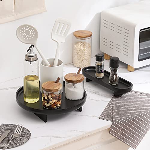 FERAHI Black Decorative Trays, 2 Pcs Black Trays for Coffee Table, Round Wood Serving Tray, Black Vanity Tray for Bathroom, Wood Riser for Kitchen, Black Tray Decor, Modern Farmhouse Decor