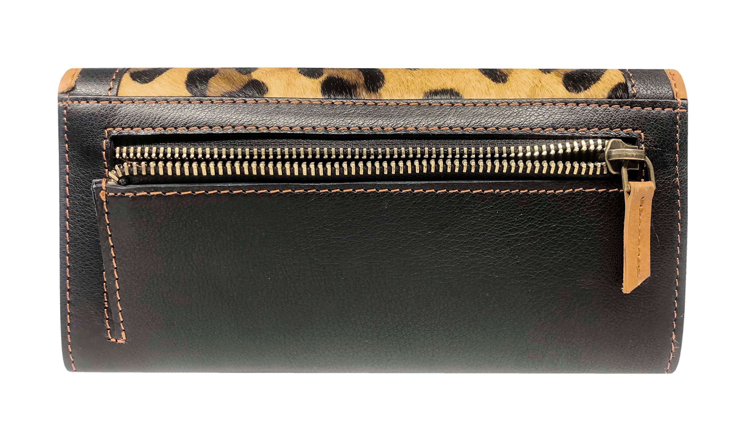Leather Book® LW-1802 TAJ Leopard Ladies Wallet|11 card slots|1 card window|4 slide pockets|1 zip compartment pocket| 1 back silver metal zip pocket | Black, Tan Cowhide & Jersey leopard Print Leather